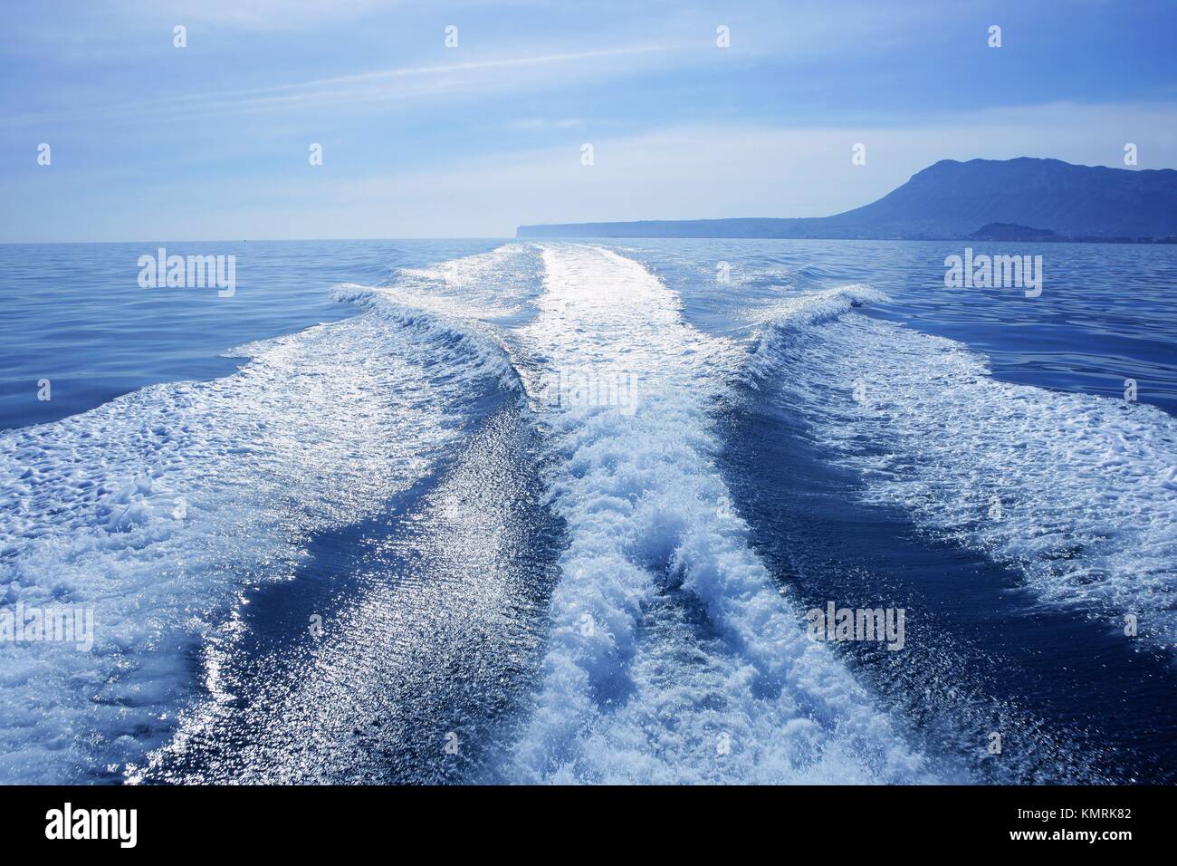 Fishing speedy boat prop wash, white wake on the blue ocean sea Stock ...