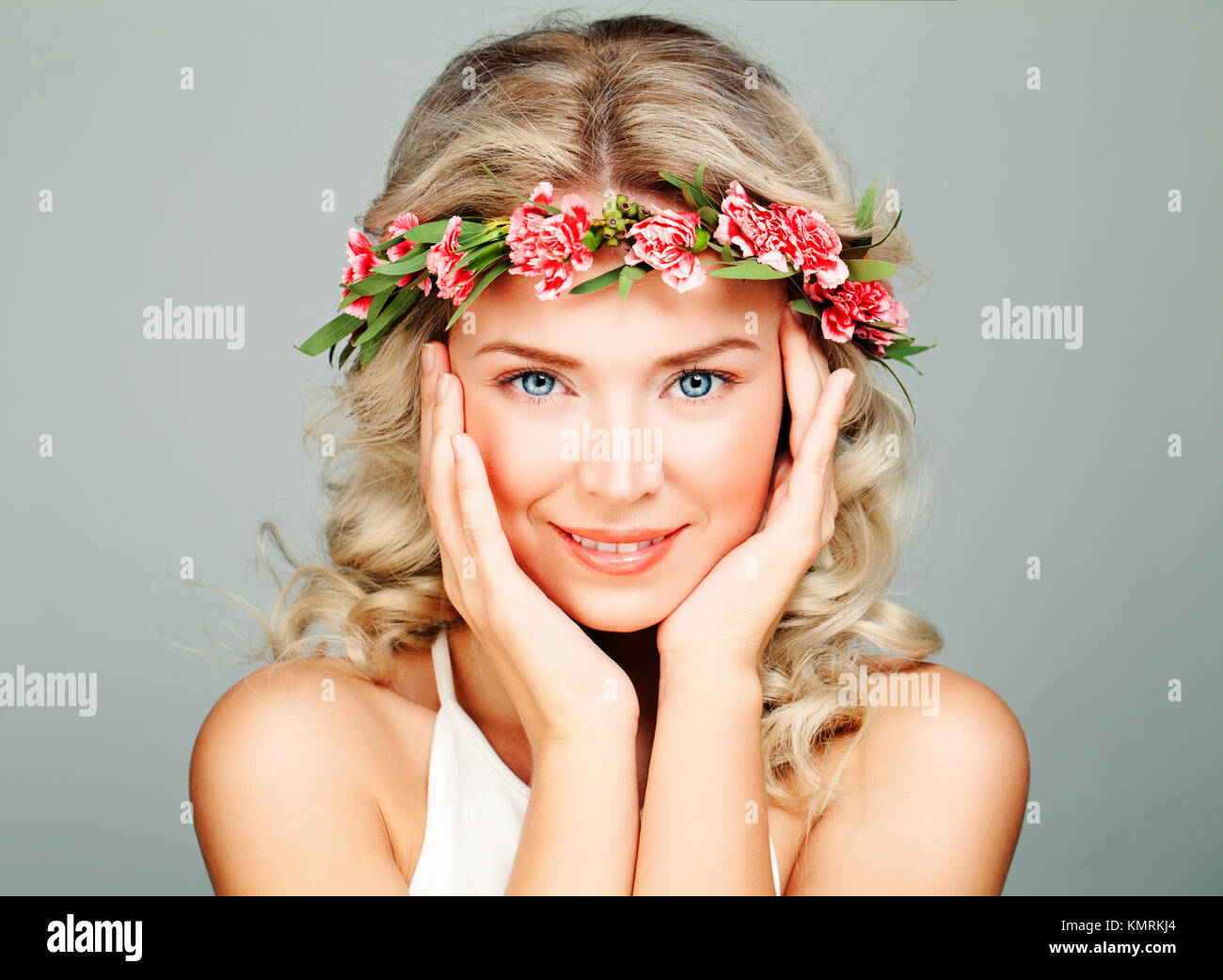 Smiling Spa Model Woman with Healty Clean Skin, Blonde Curly and Flower ...