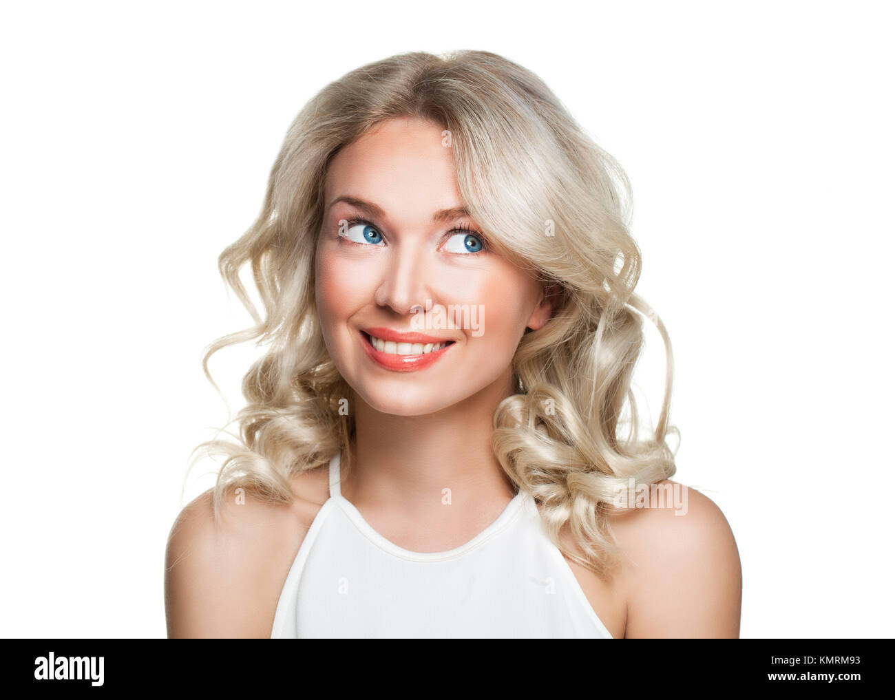 Friendly Woman Fashion Model Looking Up Isolated on White Background ...