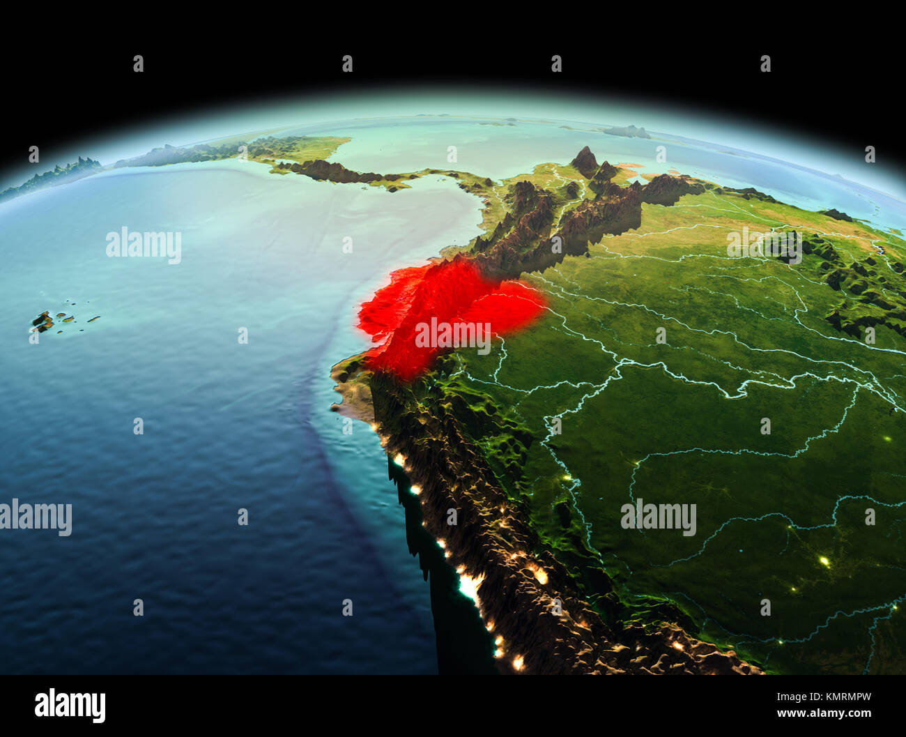 Morning above Ecuador highlighted in red on model of planet Earth in space. 3D illustration ...