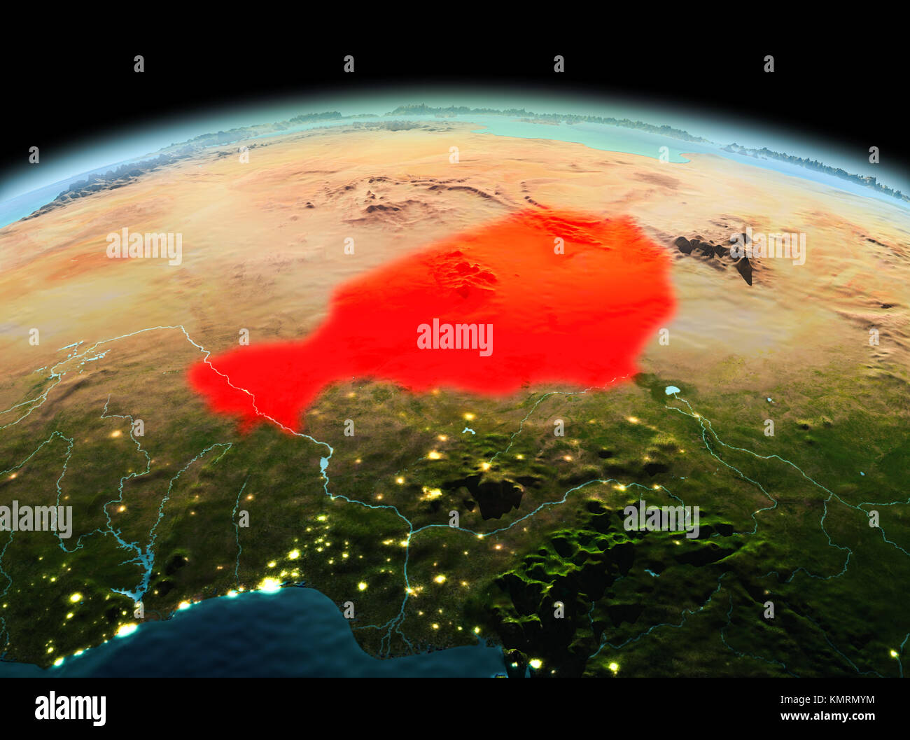 Morning above Niger highlighted in red on model of planet Earth in ...