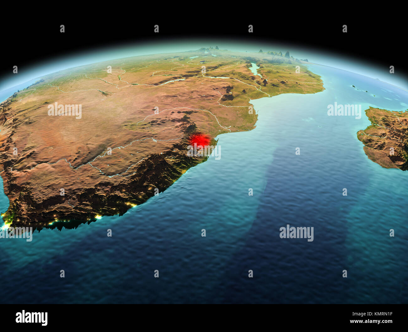 Morning above Swaziland highlighted in red on model of planet Earth in space. 3D illustration ...