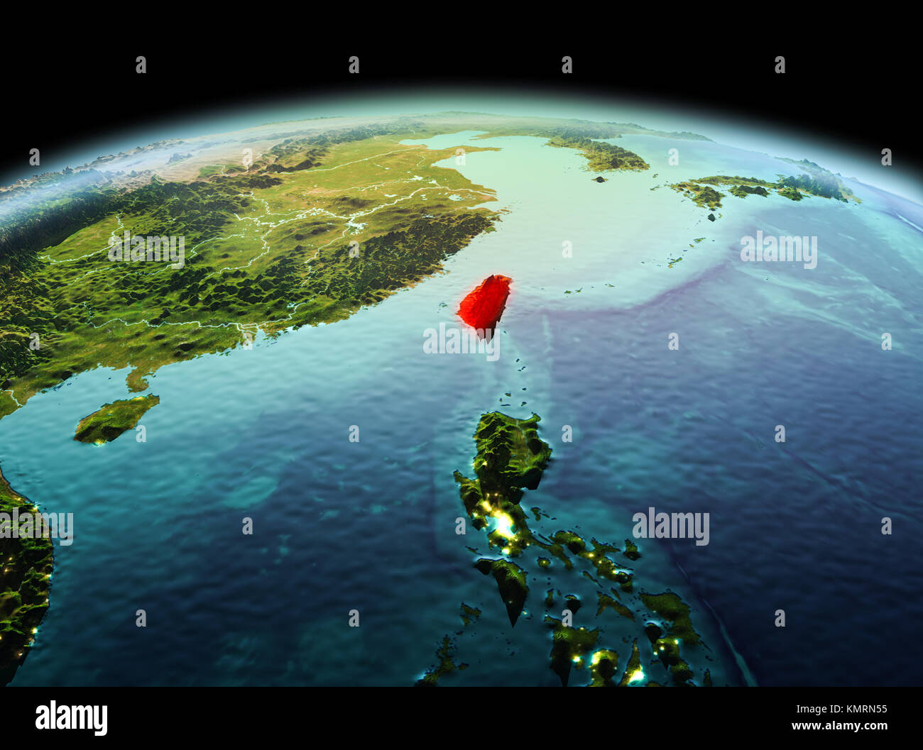 Morning above Taiwan highlighted in red on model of planet Earth in ...