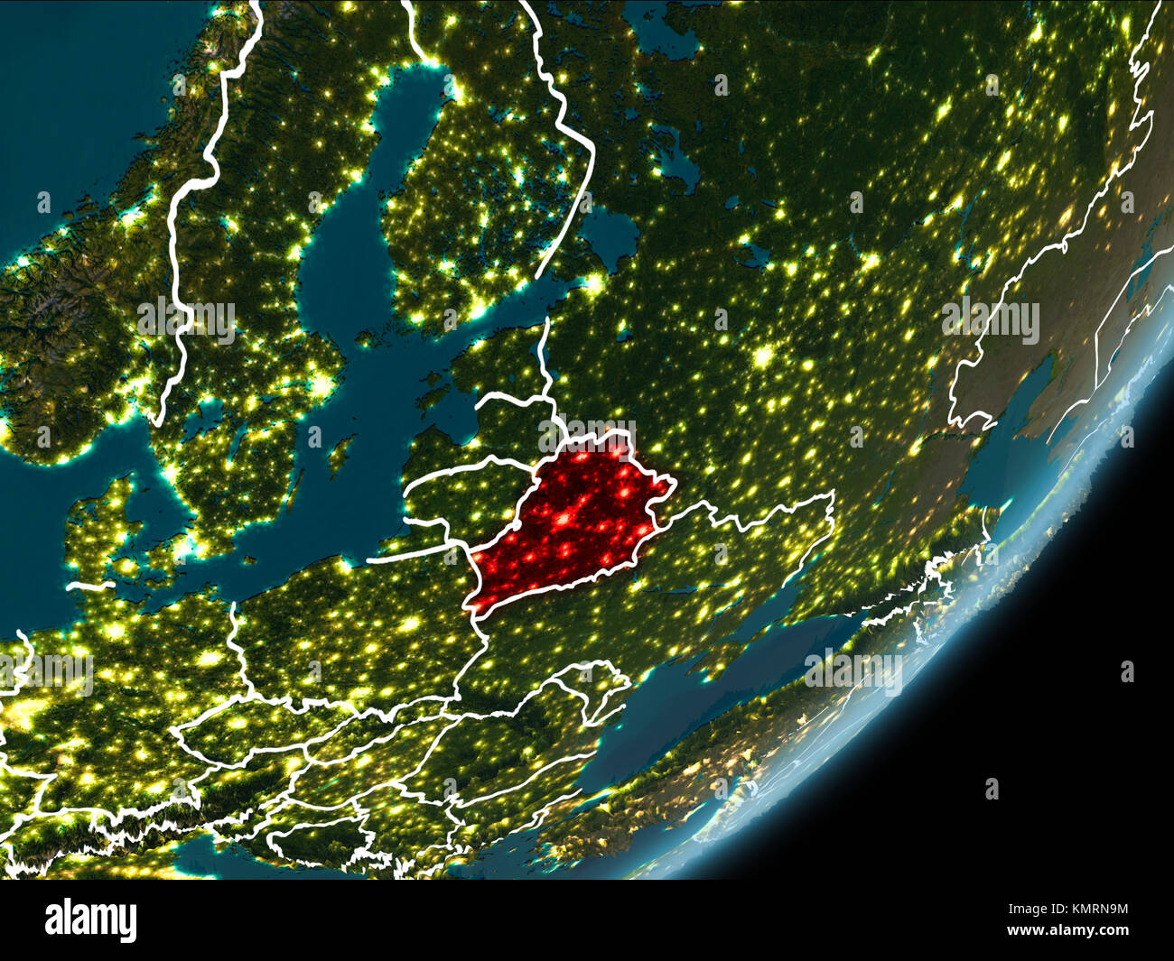 Belarus as seen from Earth’s orbit on planet Earth at night highlighted in red with visible ...