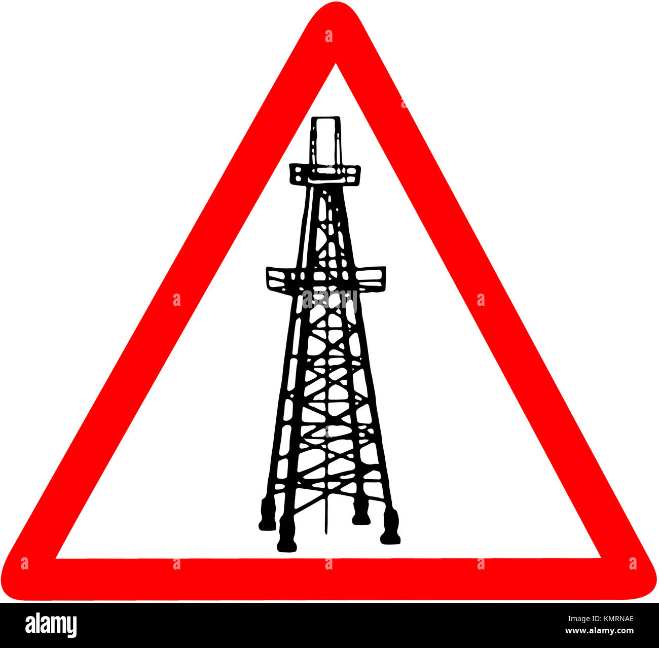 Land drilling rig red triangular warning road sign isolated on white ...