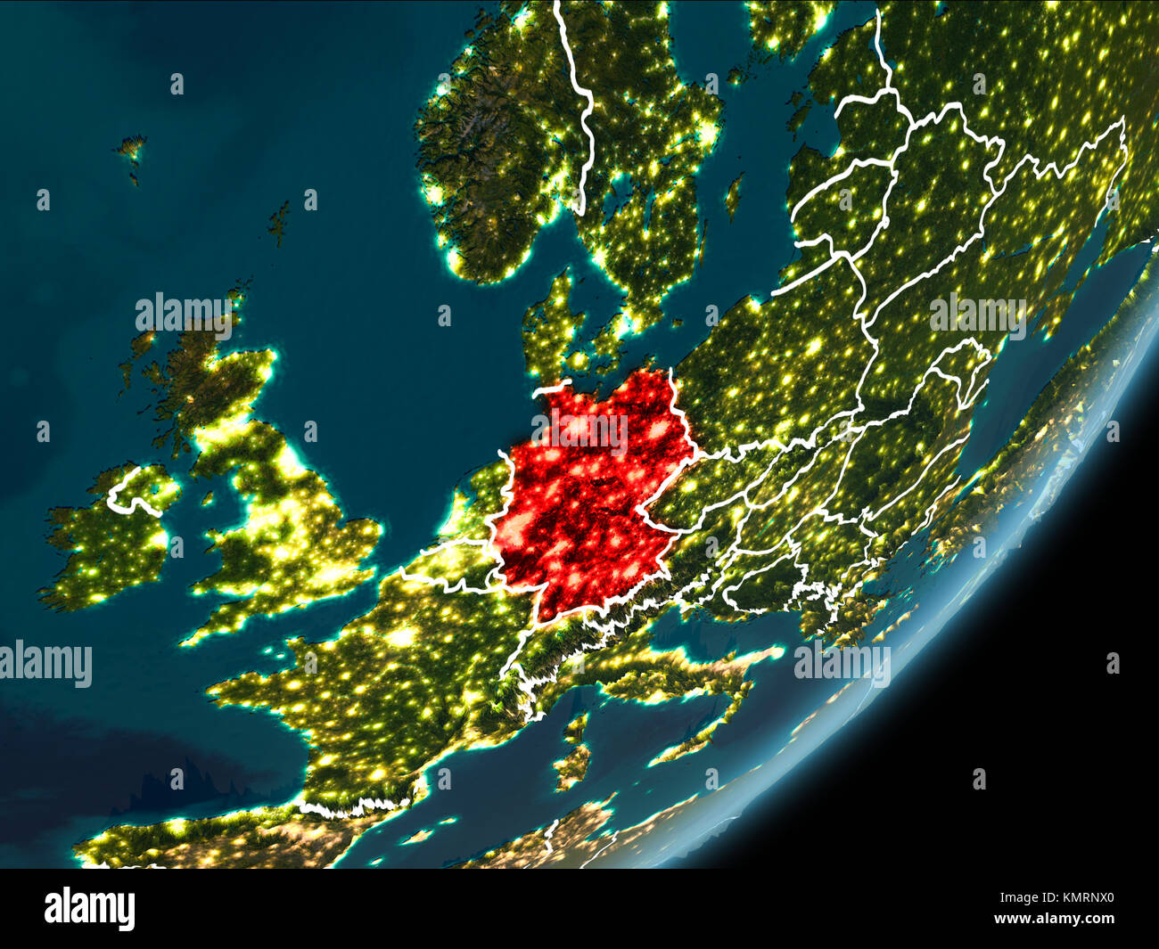 Germany as seen from Earth’s orbit on planet Earth at night highlighted ...