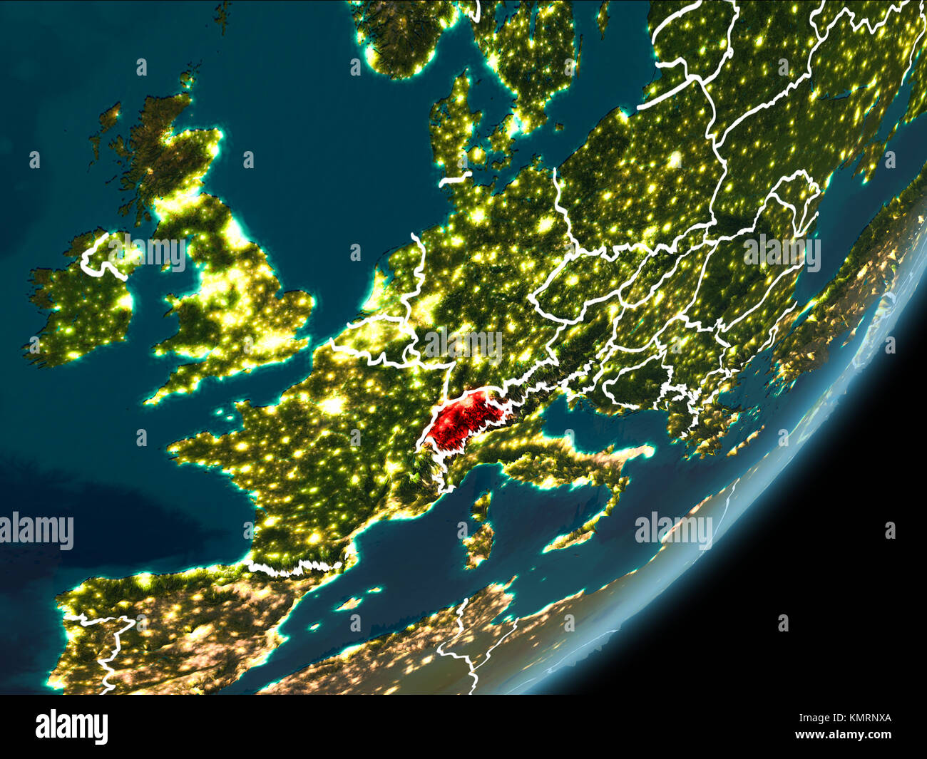 Switzerland as seen from Earth’s orbit on planet Earth at night highlighted in red with visible ...