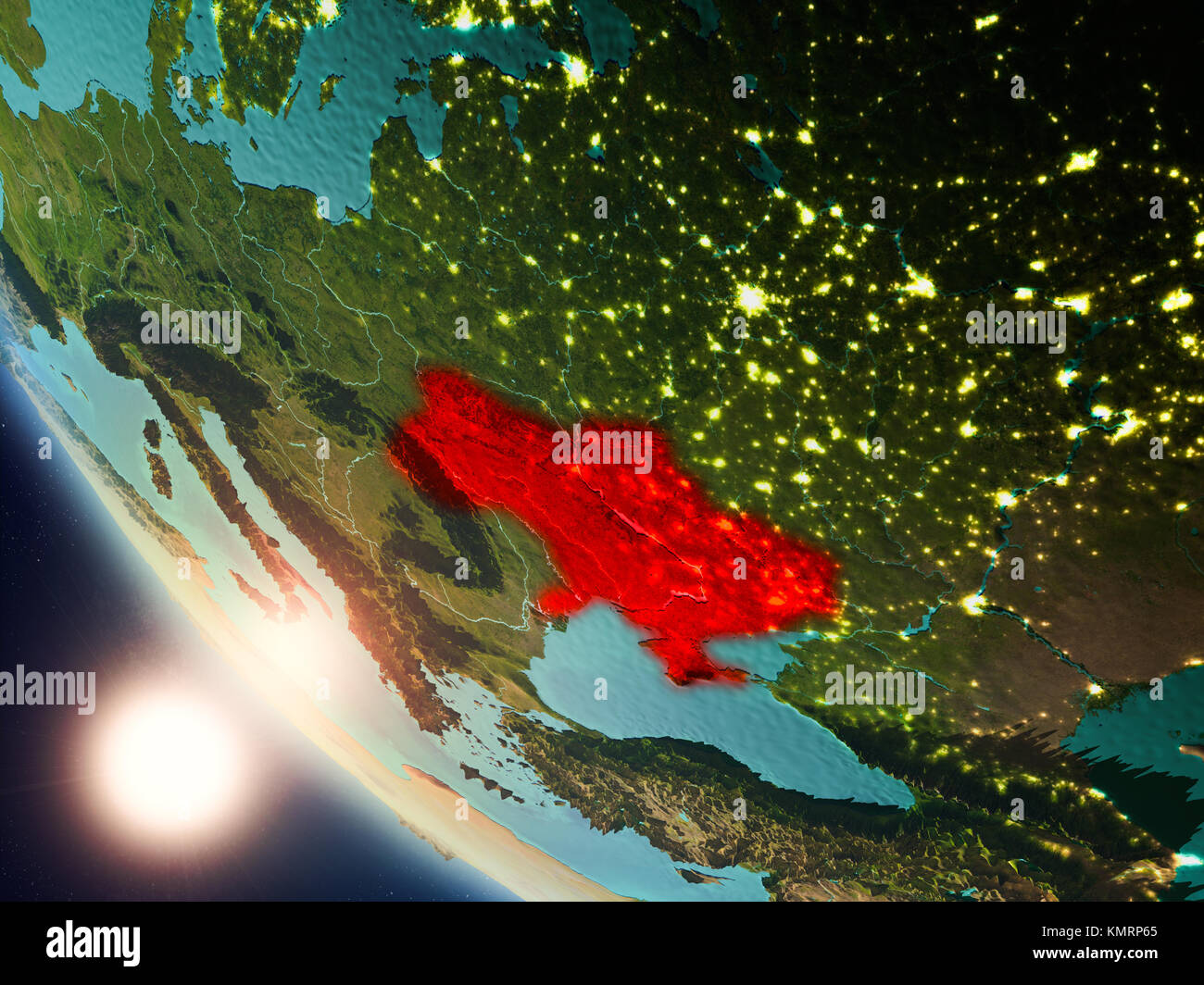 Satellite view of Ukraine highlighted in red on planet Earth with ...