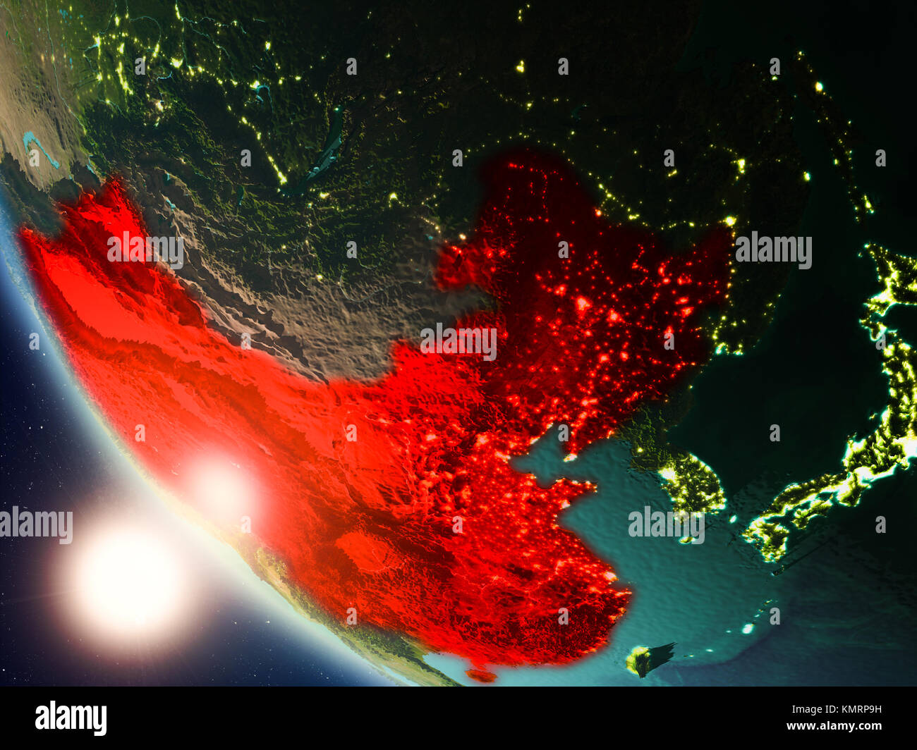 Satellite view of China highlighted in red on planet Earth with visible ...