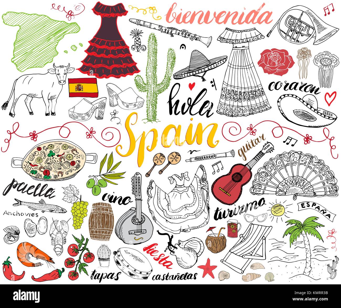 Spain hand drawn sketch set vector illustration Stock Vector Image ...