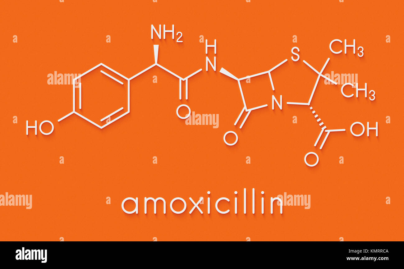 Amoxicillin beta-lactam antibiotic drug molecule. Skeletal formula ...