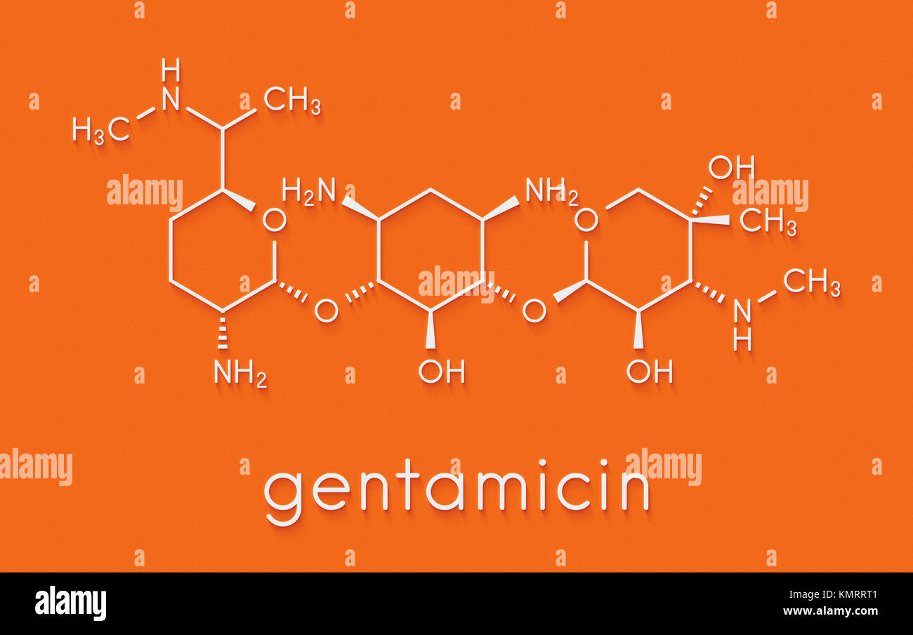 Gentamicin antibiotic drug (aminoglycoside class) molecule. Skeletal ...