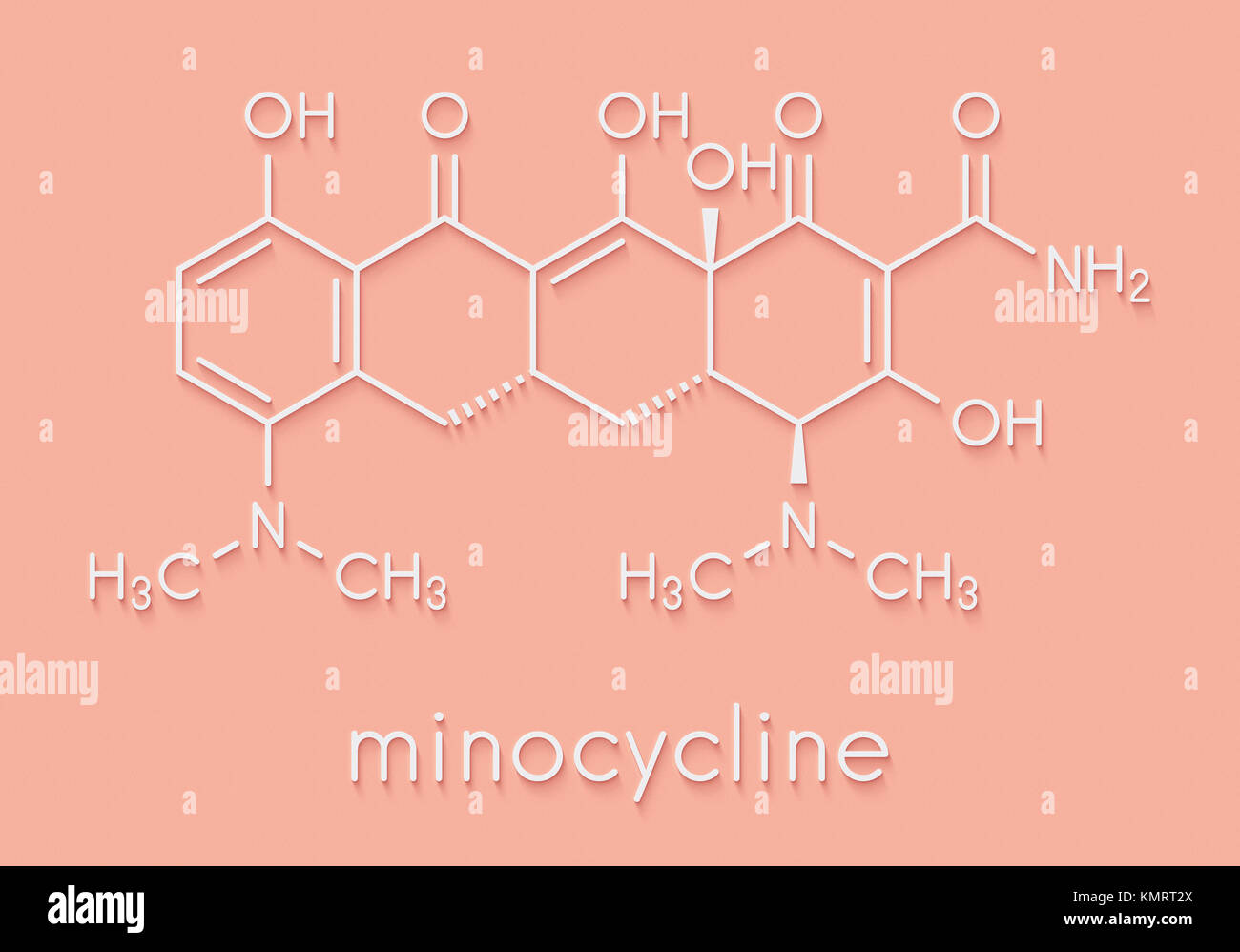 Minocycline antibiotic drug (tetracycline class) molecule. Skeletal ...