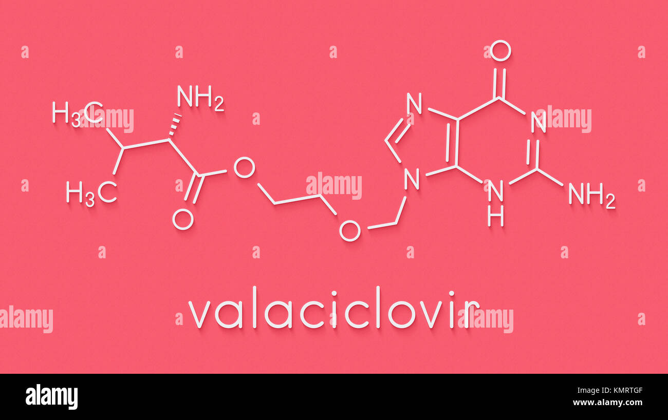Valaciclovir (valacyclovir) herpes infection drug molecule. Skeletal ...