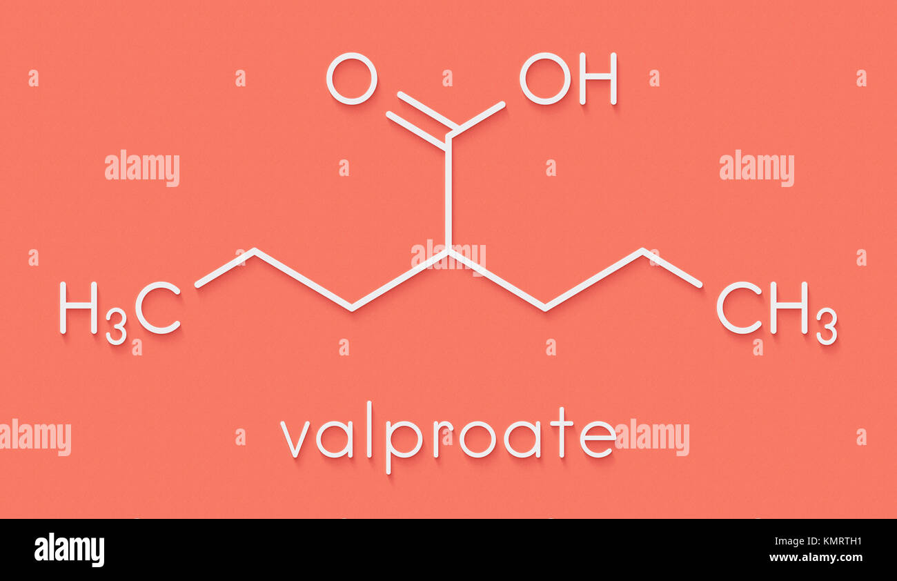 Valproic acid or valproate epilepsy (seizures) drug molecule. Skeletal ...