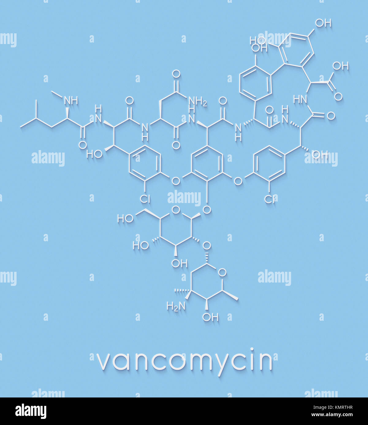 Vancomycin antibiotic drug (glycopeptide class) molecule. Skeletal ...