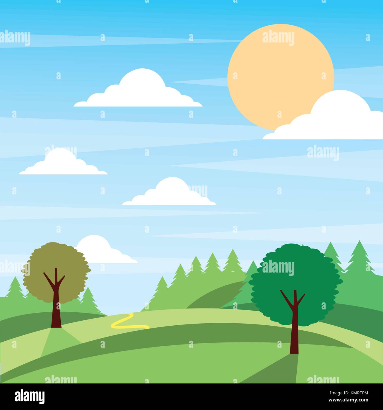 sunny nature landscape with trees and meadow cloud grass Stock Vector ...