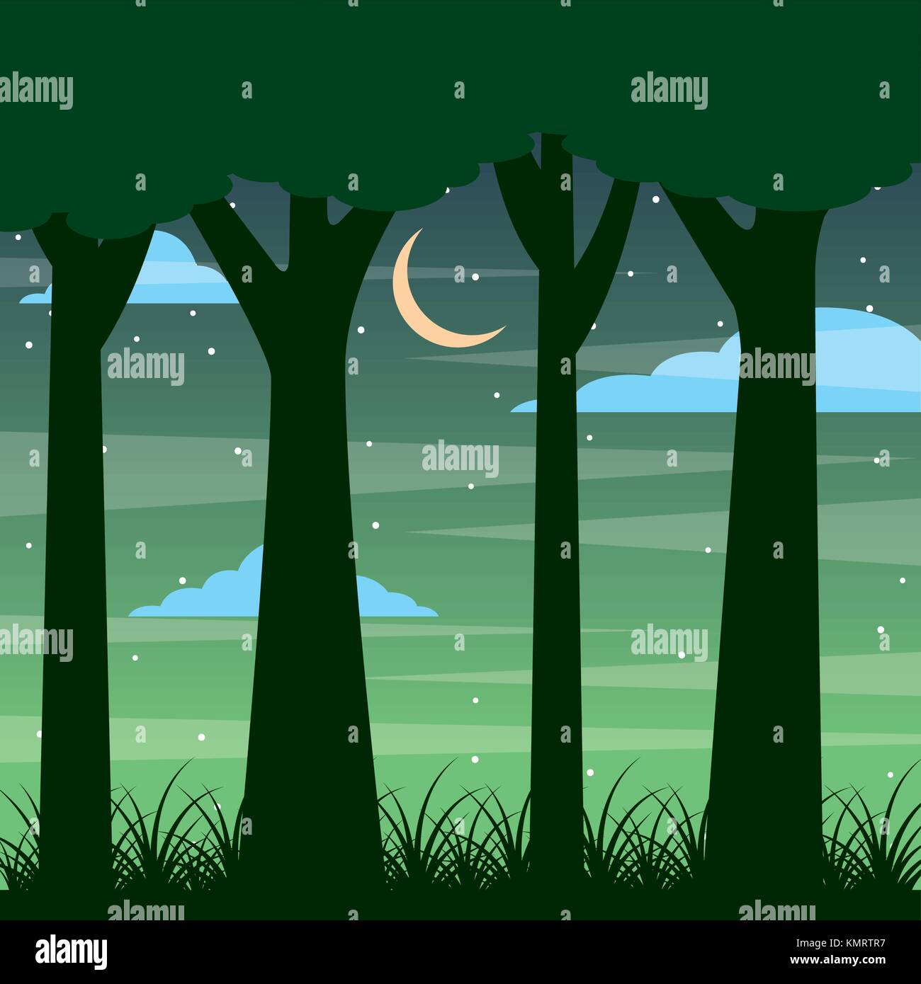 forest trunk of tree night landscape with moon and clouds Stock Vector ...