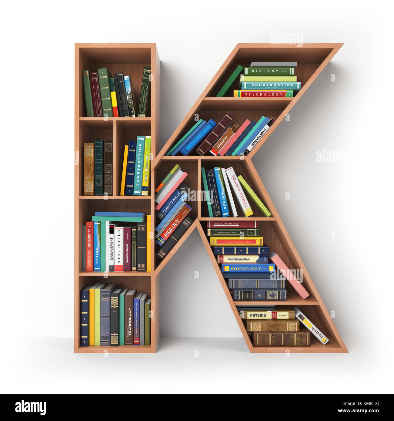 Letter K. Alphabet in the form of shelves with books isolated on white ...