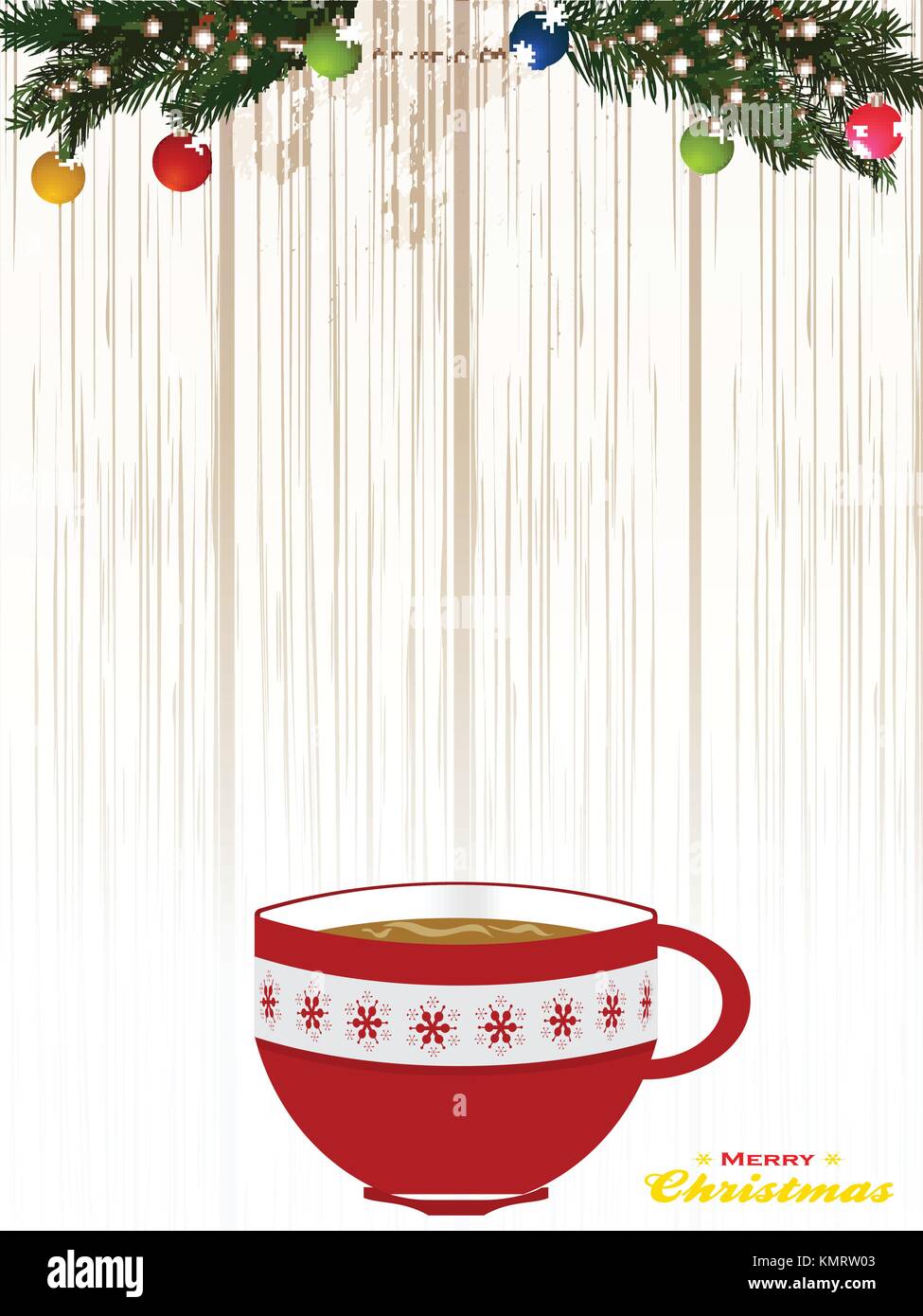 Christmas Decorated Red Coffee Cup Over Shaded Wood Background with ...