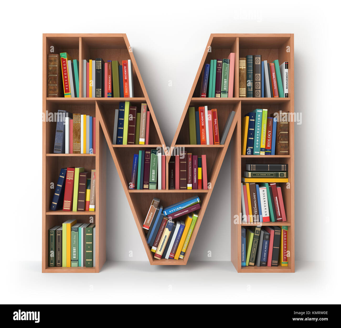 Letter M. Alphabet in the form of shelves with books isolated on white ...