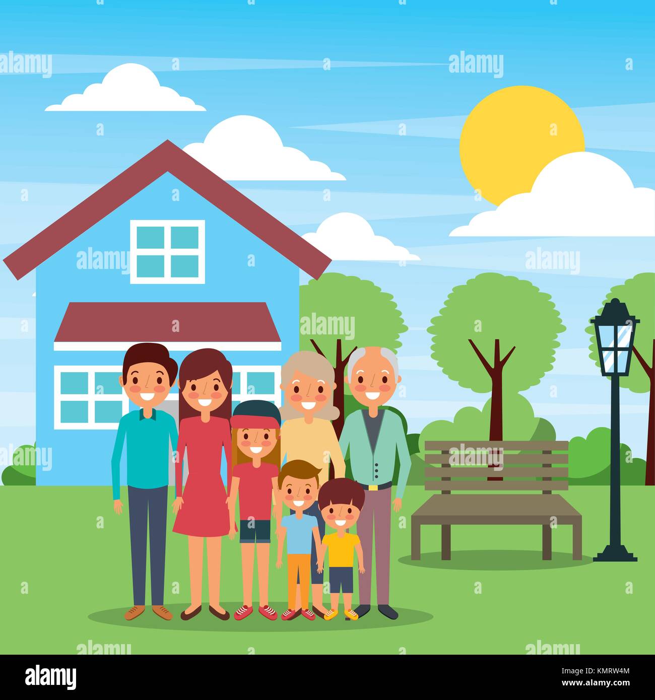 family standing in front house with bench lamp sun day Stock Vector ...