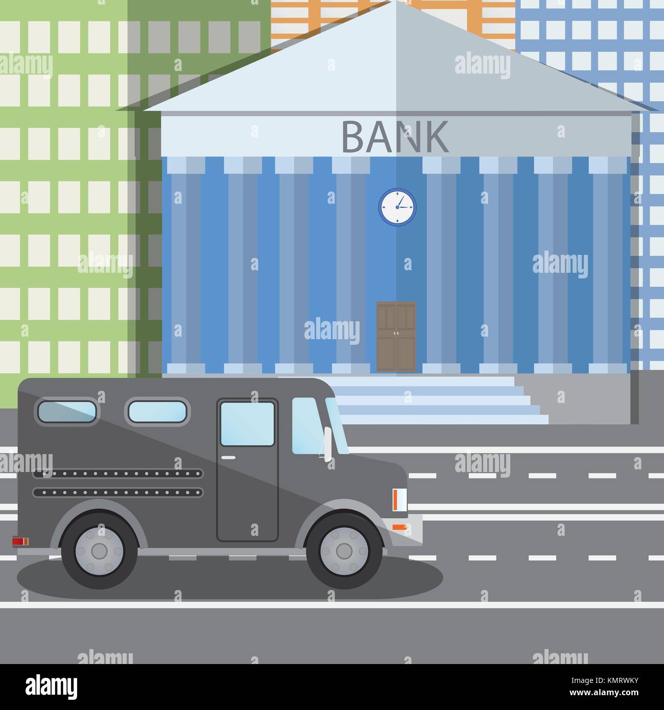 Flat design vector illustration of bank building and parked bulletproof ...