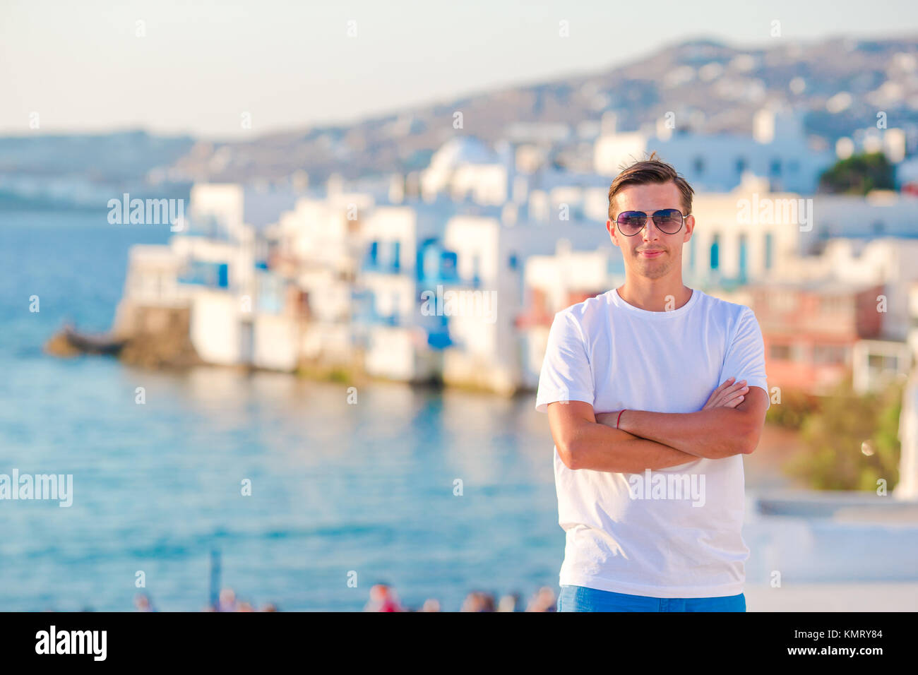 Beautiful boy enjoy greek vacation on Little Venice background Stock ...