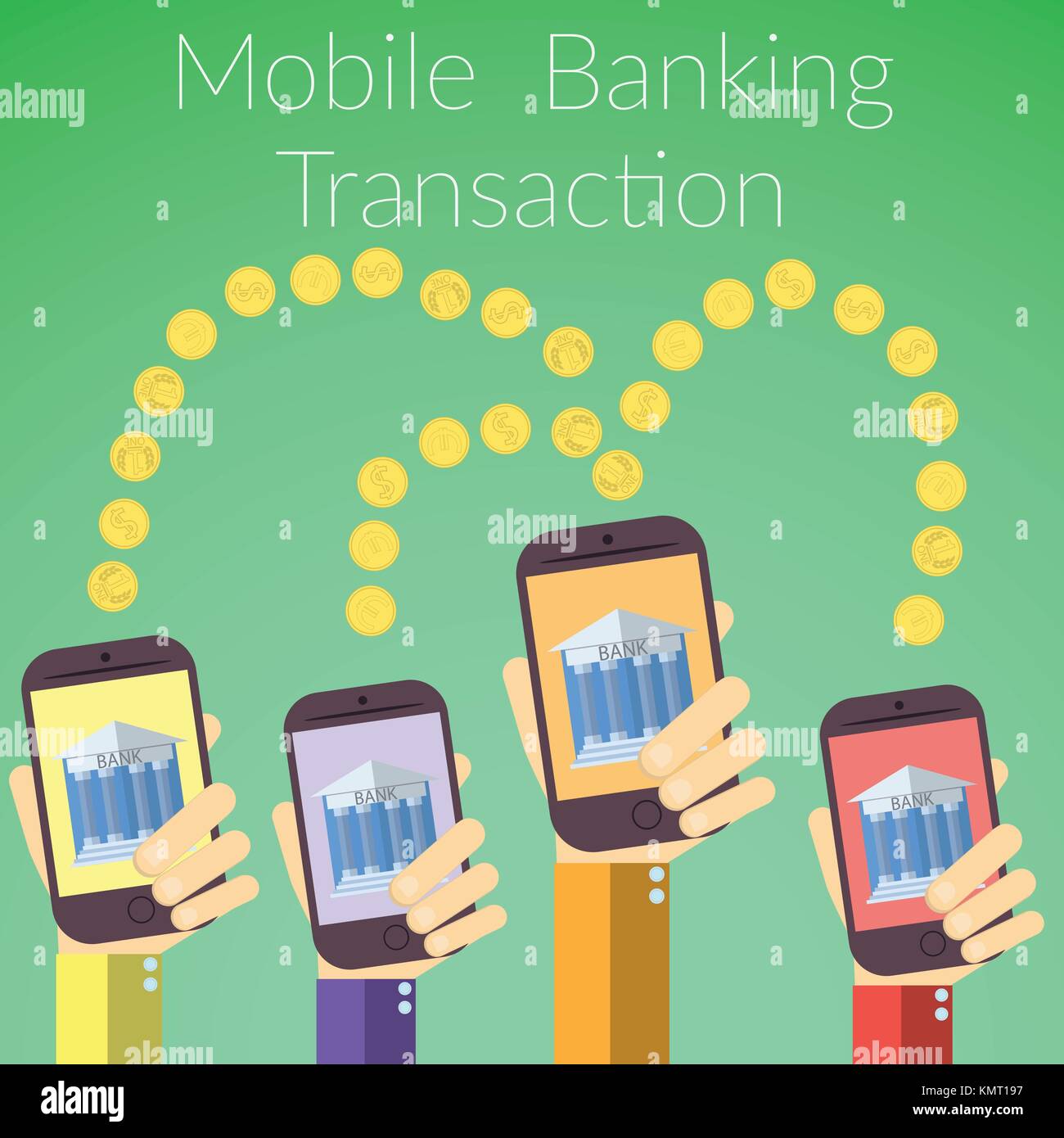 Flat design vector illustration of hands holding smart phones with bank ...