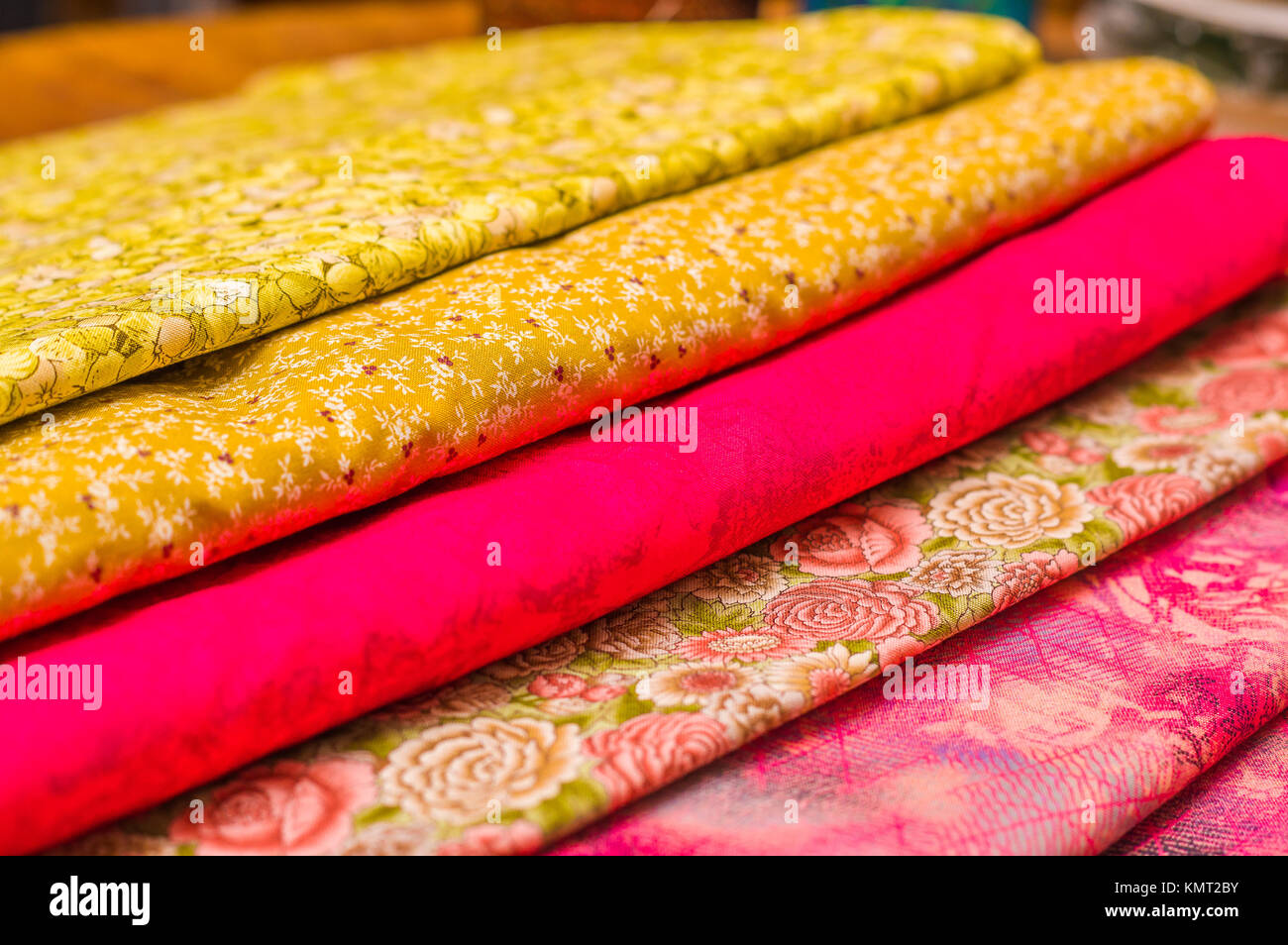 Close up of different fabric of different colors, fabric waiting for ...