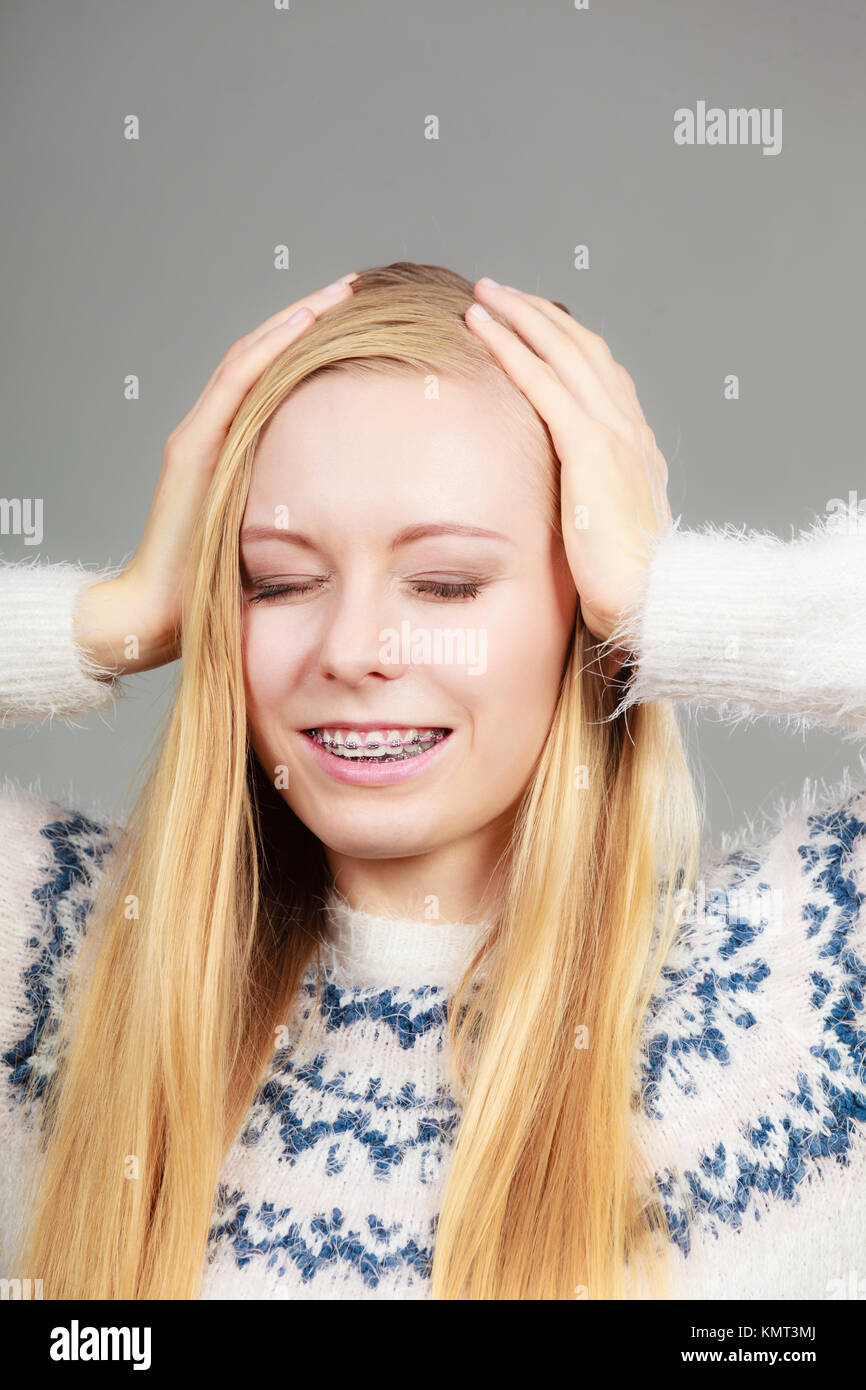 Happiness, human reactions, face expressions concept. Happy blonde ...