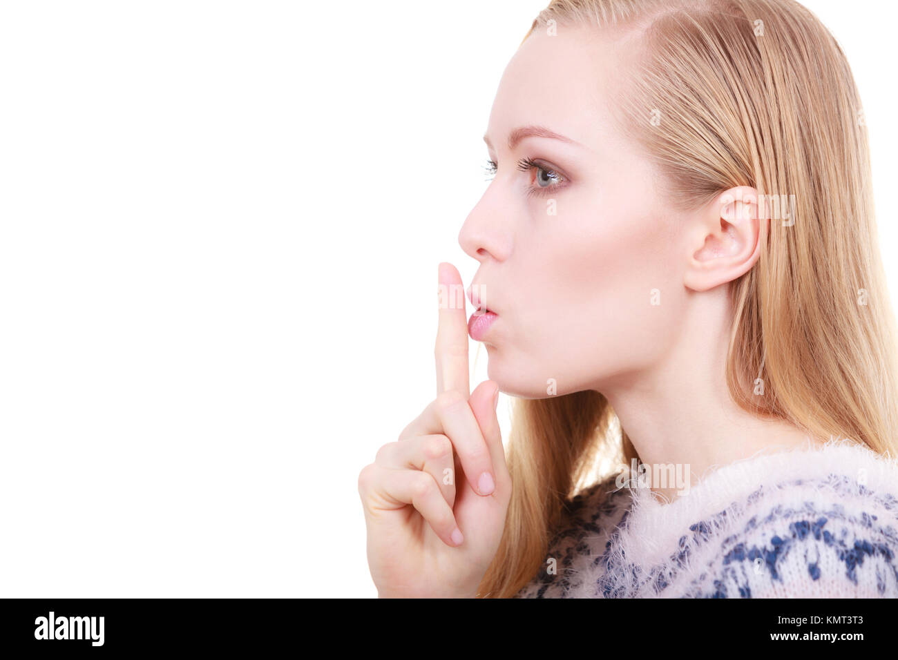 Gestures and signs concept. Young blonde woman making silence gesture ...