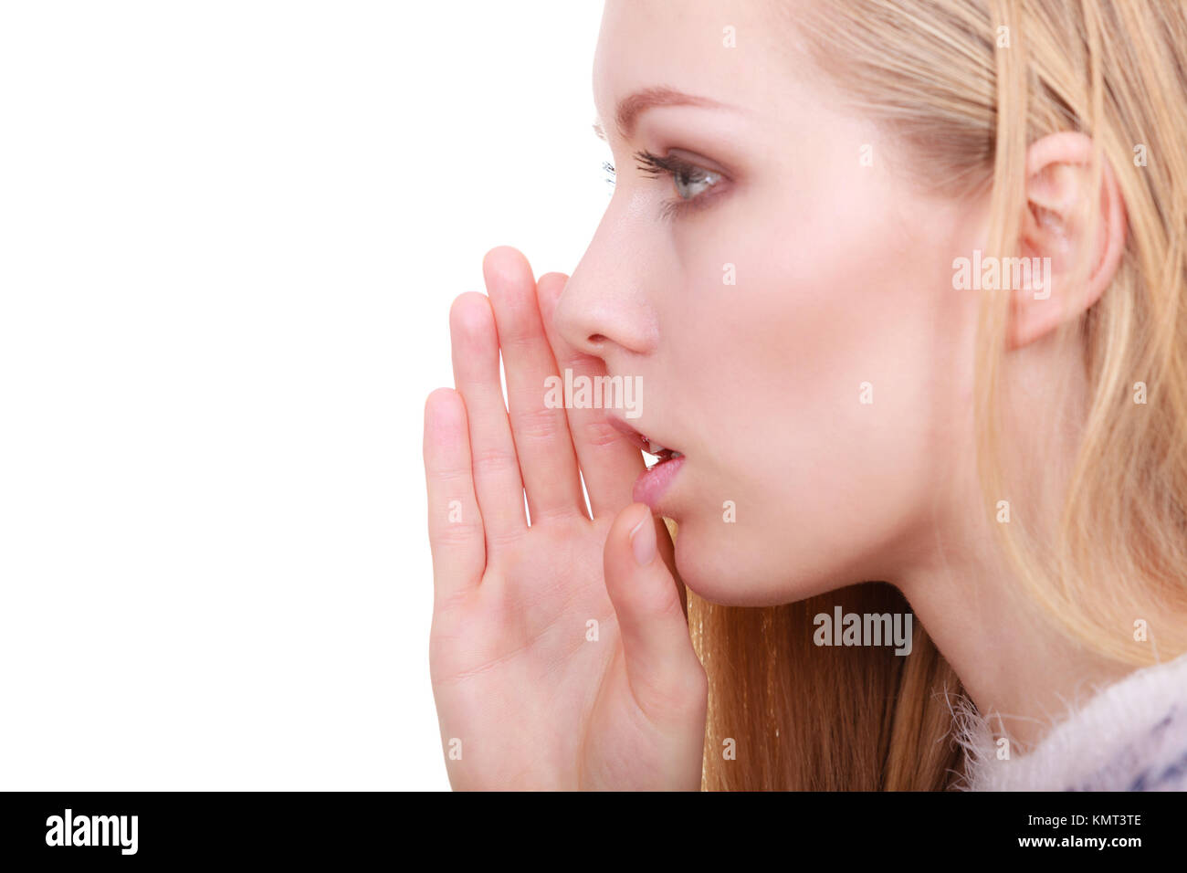 Gestures and signs concept. Young blonde woman whispering to somebody ...