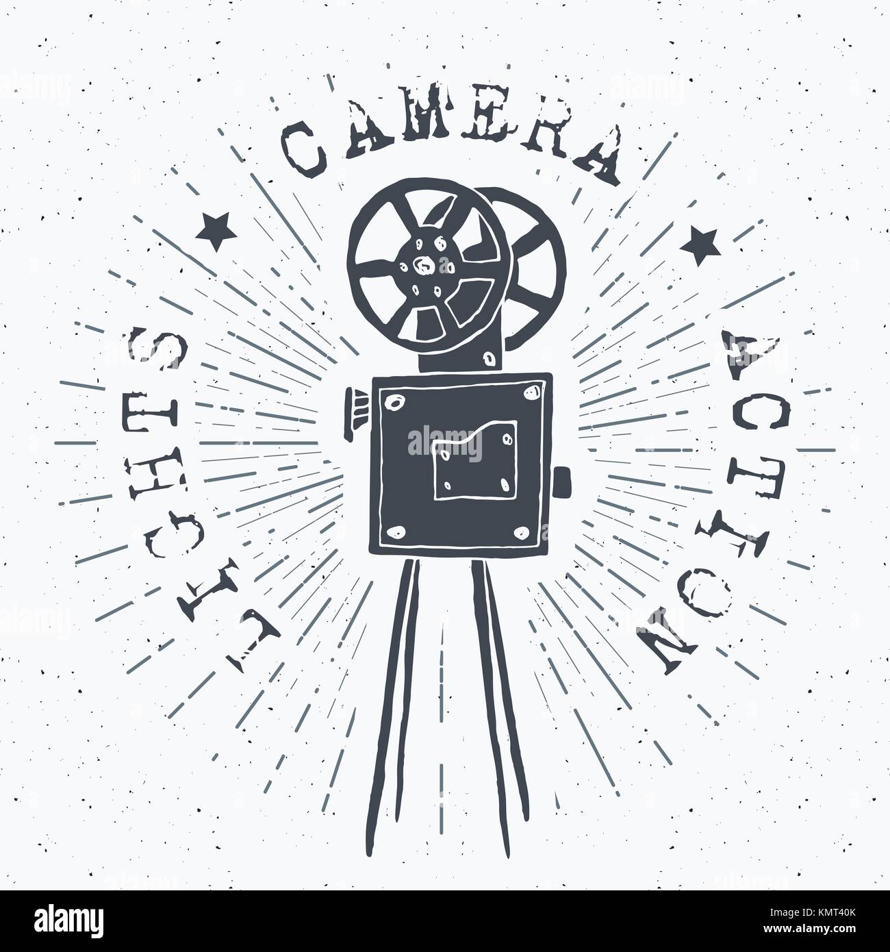 Camera vintage label, Hand drawn sketch, grunge textured retro badge ...