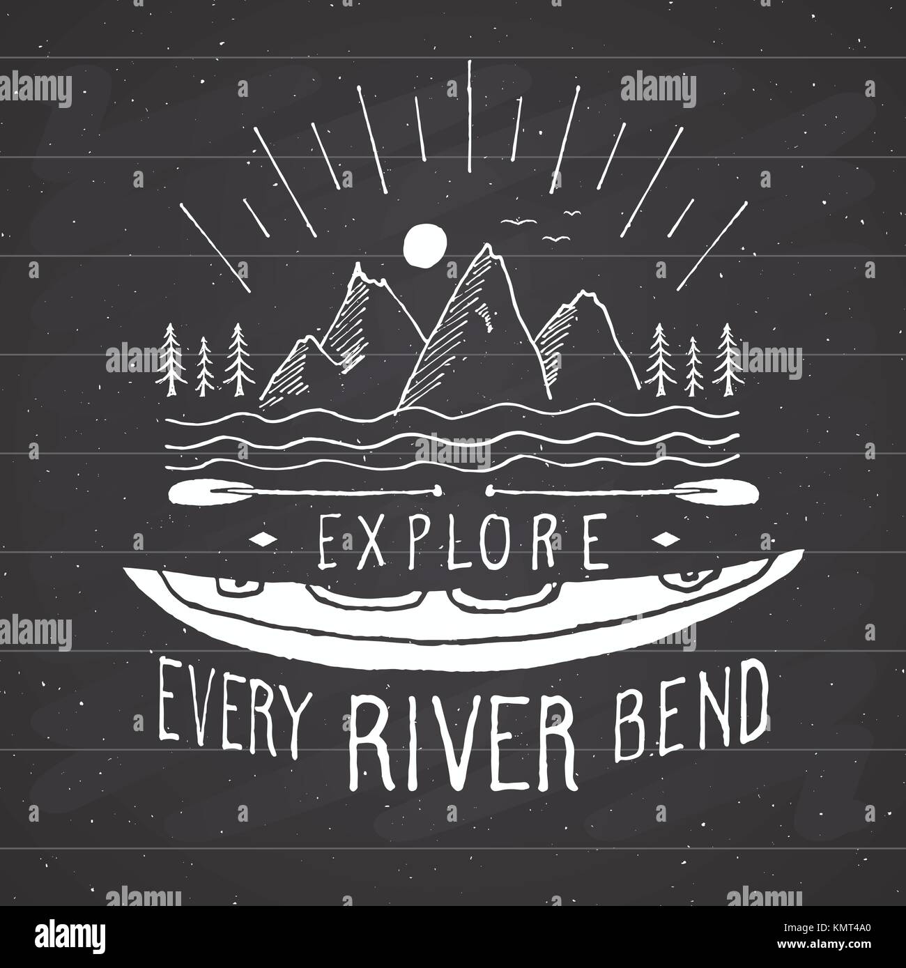Kayak and canoe vintage label, Hand drawn sketch, grunge textured retro ...