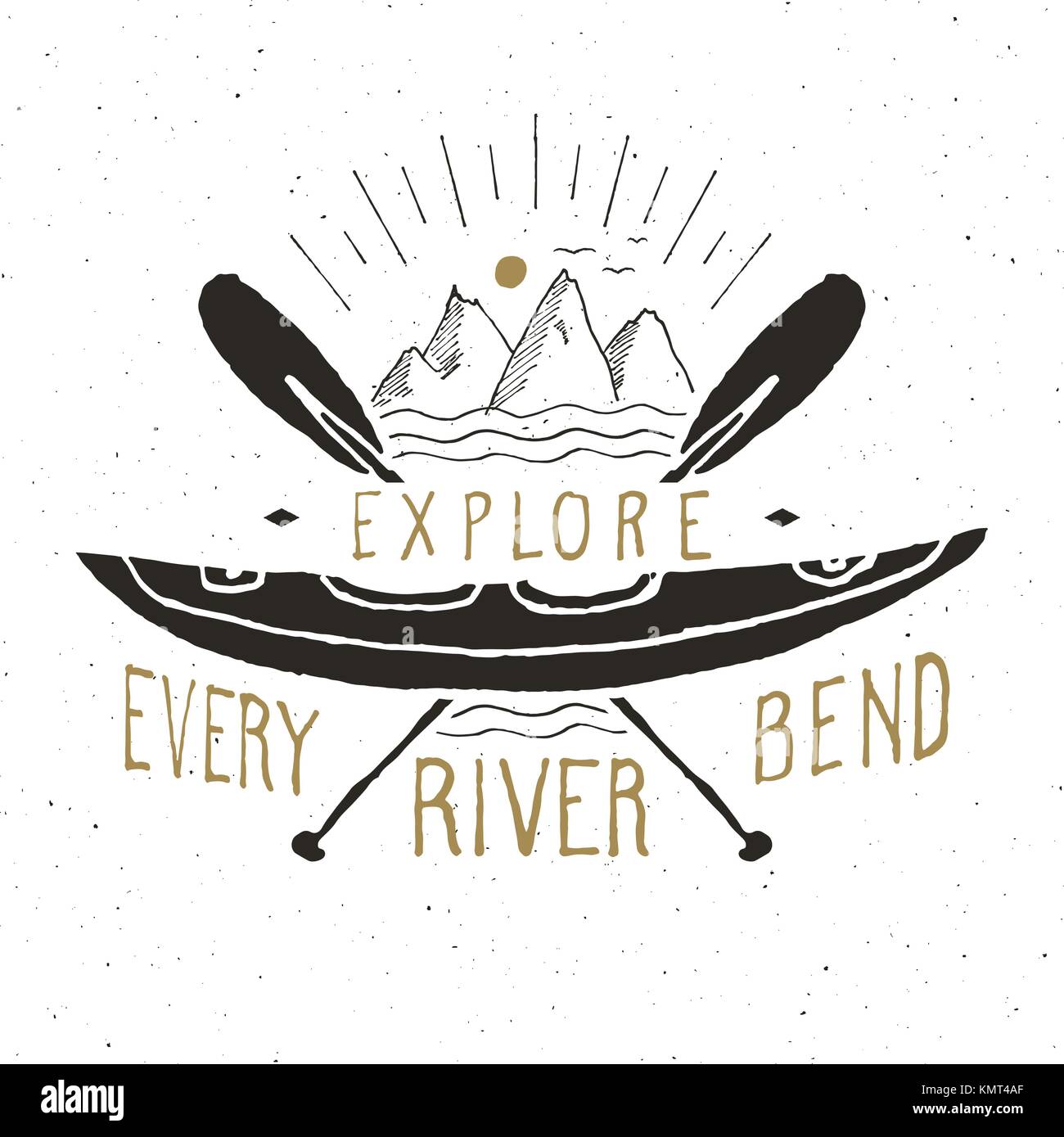Kayak and canoe vintage label, Hand drawn sketch, grunge textured retro ...