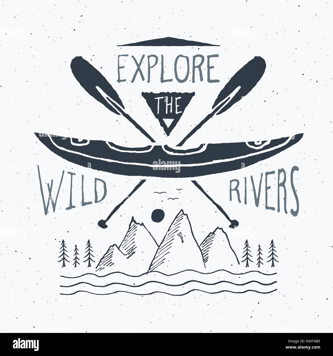 Kayak and canoe vintage label, Hand drawn sketch, grunge textured retro ...