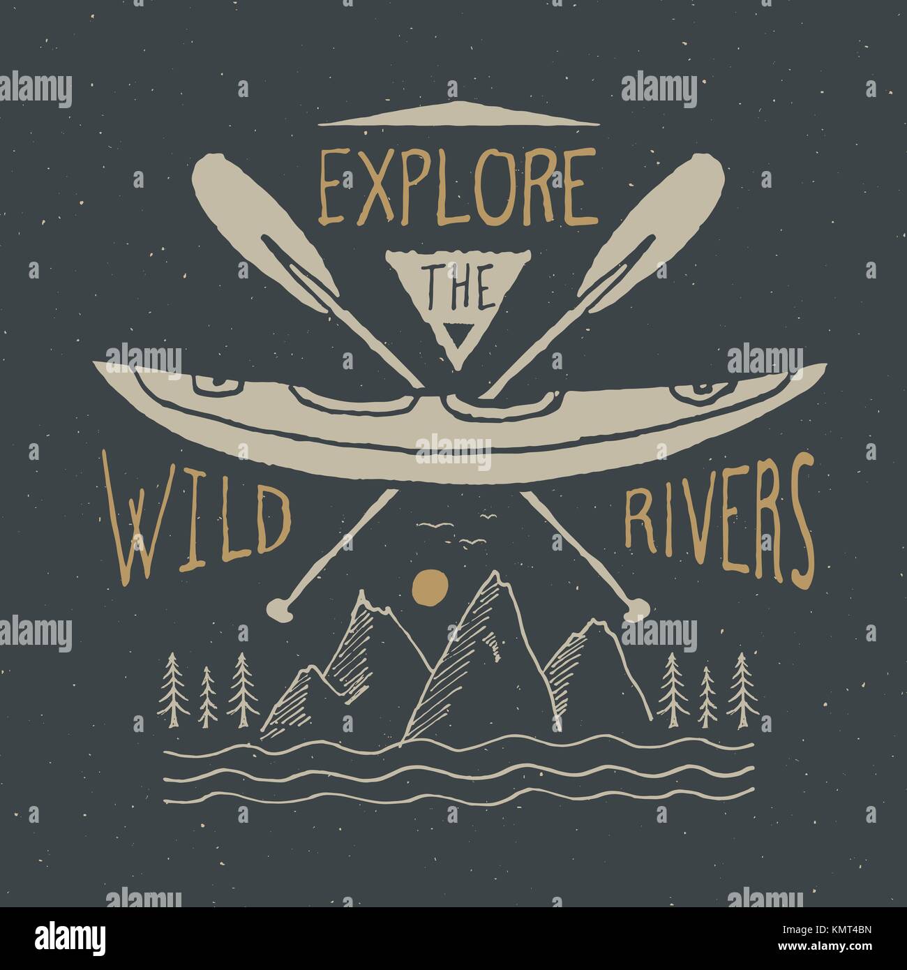 Kayak and canoe vintage label, Hand drawn sketch, grunge textured retro ...