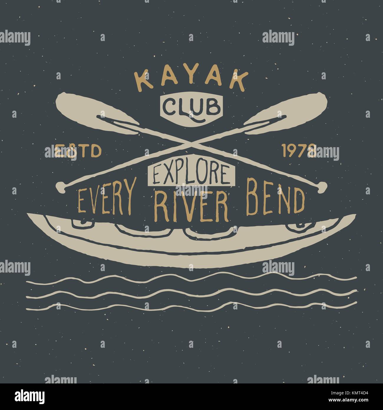 Kayak and canoe vintage label, Hand drawn sketch, grunge textured retro ...