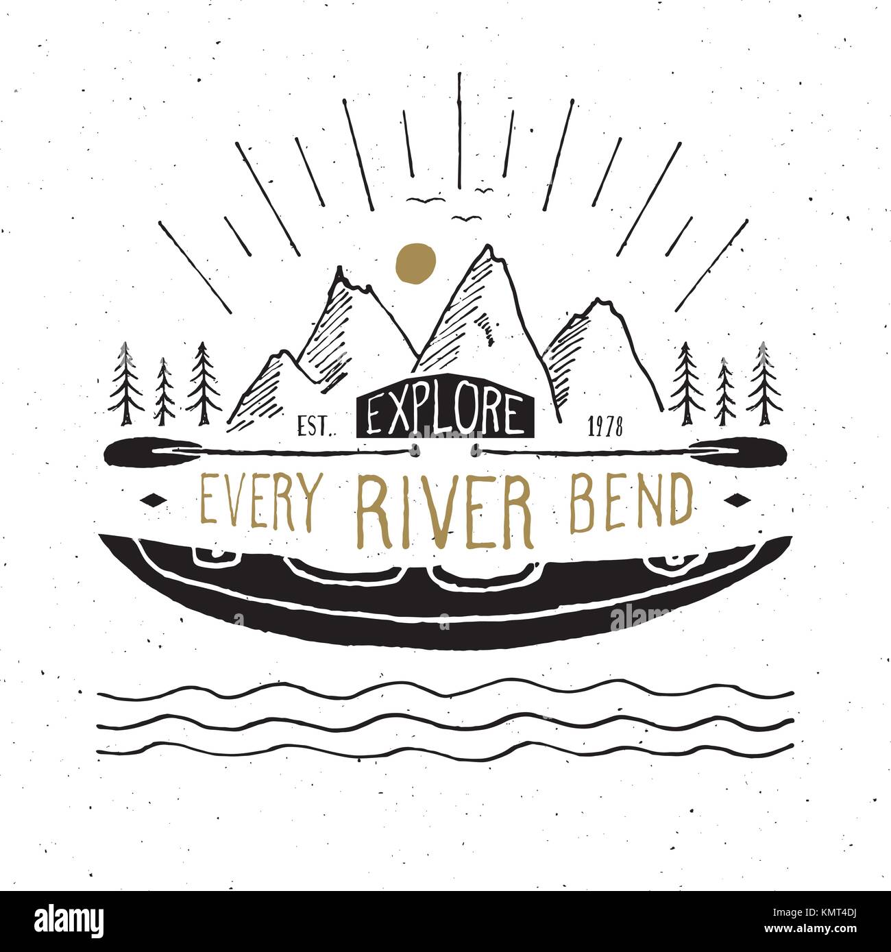 Kayak and canoe vintage label, Hand drawn sketch, grunge textured retro ...