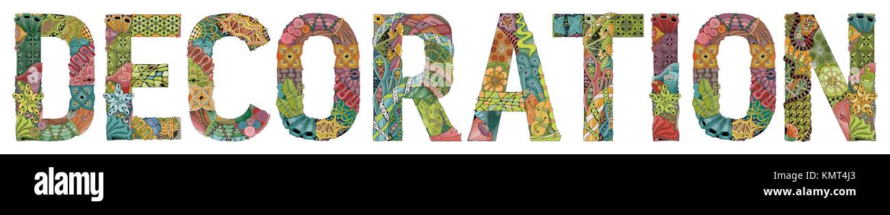 Hand-painted art design. Hand drawn illustration word DECORATION for t ...