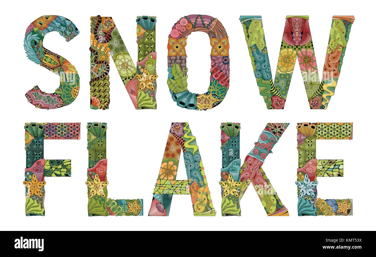 Hand-painted art design. Hand drawn illustration word snowflake for t ...