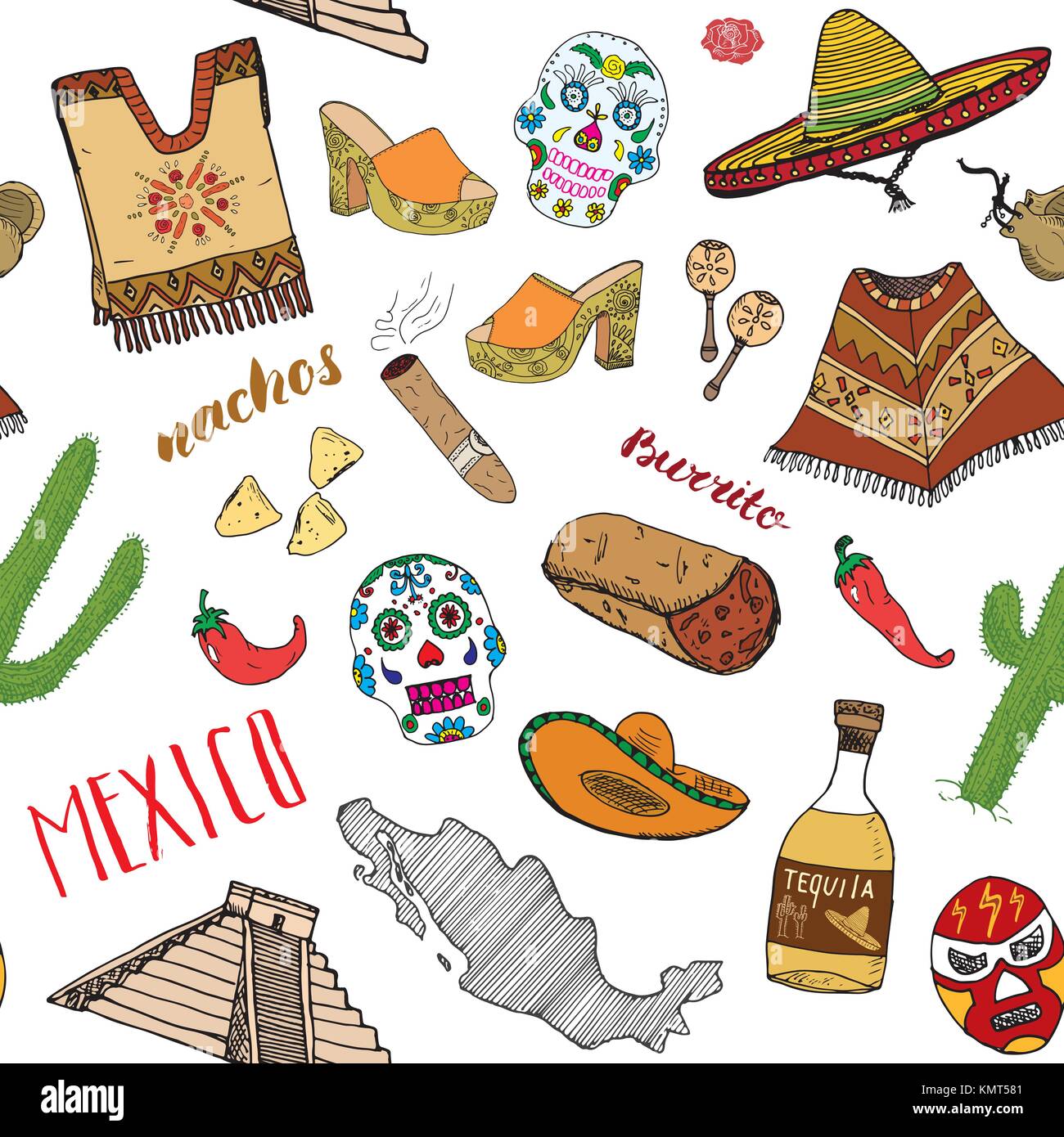 Mexico seamless pattern doodle elements, Hand drawn sketch mexican ...