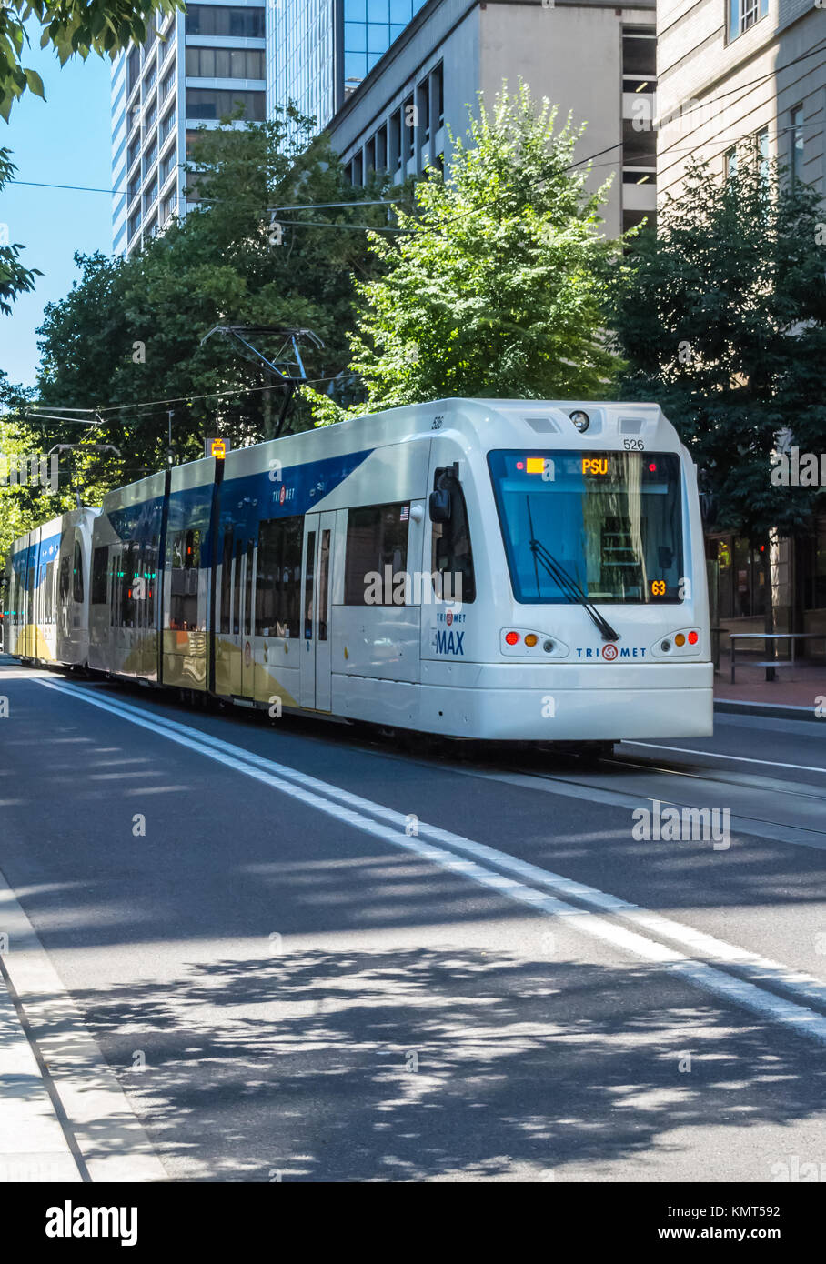 Image of a light rail train on a street in Portland Oregon Stock Photo ...