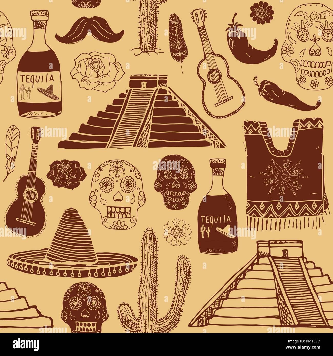 Mexico seamless pattern doodle elements, Hand drawn sketch mexican ...