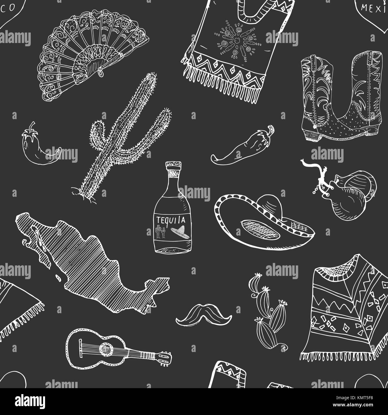 Mexico seamless pattern doodle elements, Hand drawn sketch mexican ...