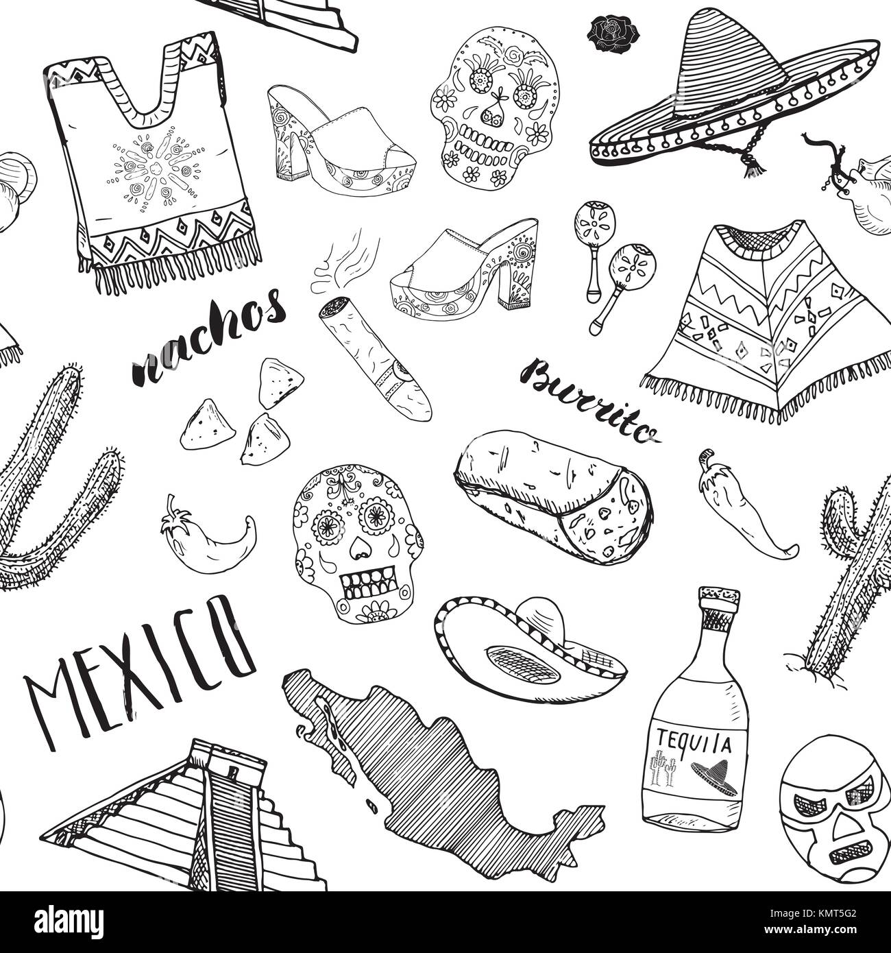 Mexico seamless pattern doodle elements, Hand drawn sketch mexican ...