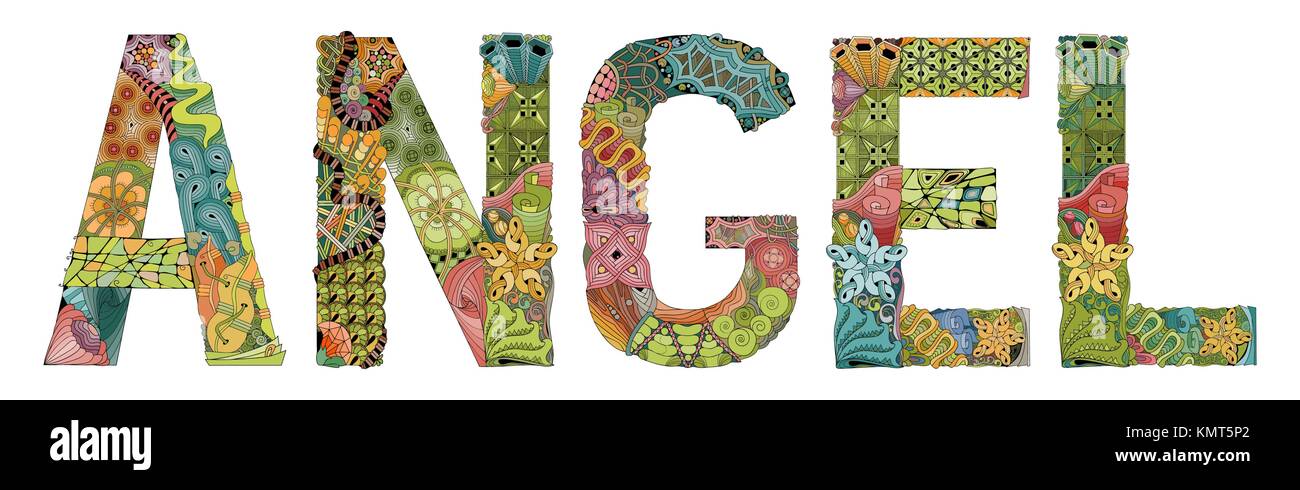 Hand-painted art design. Hand drawn illustration words ANGEL for t ...