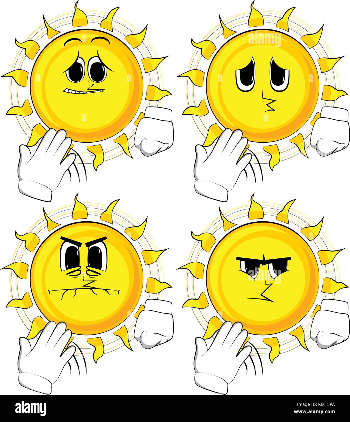 Cartoon sun cooling himself with his hand. Collection with sad faces ...