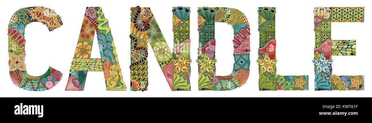 Hand-painted art design. Hand drawn illustration words CANDLE for t ...